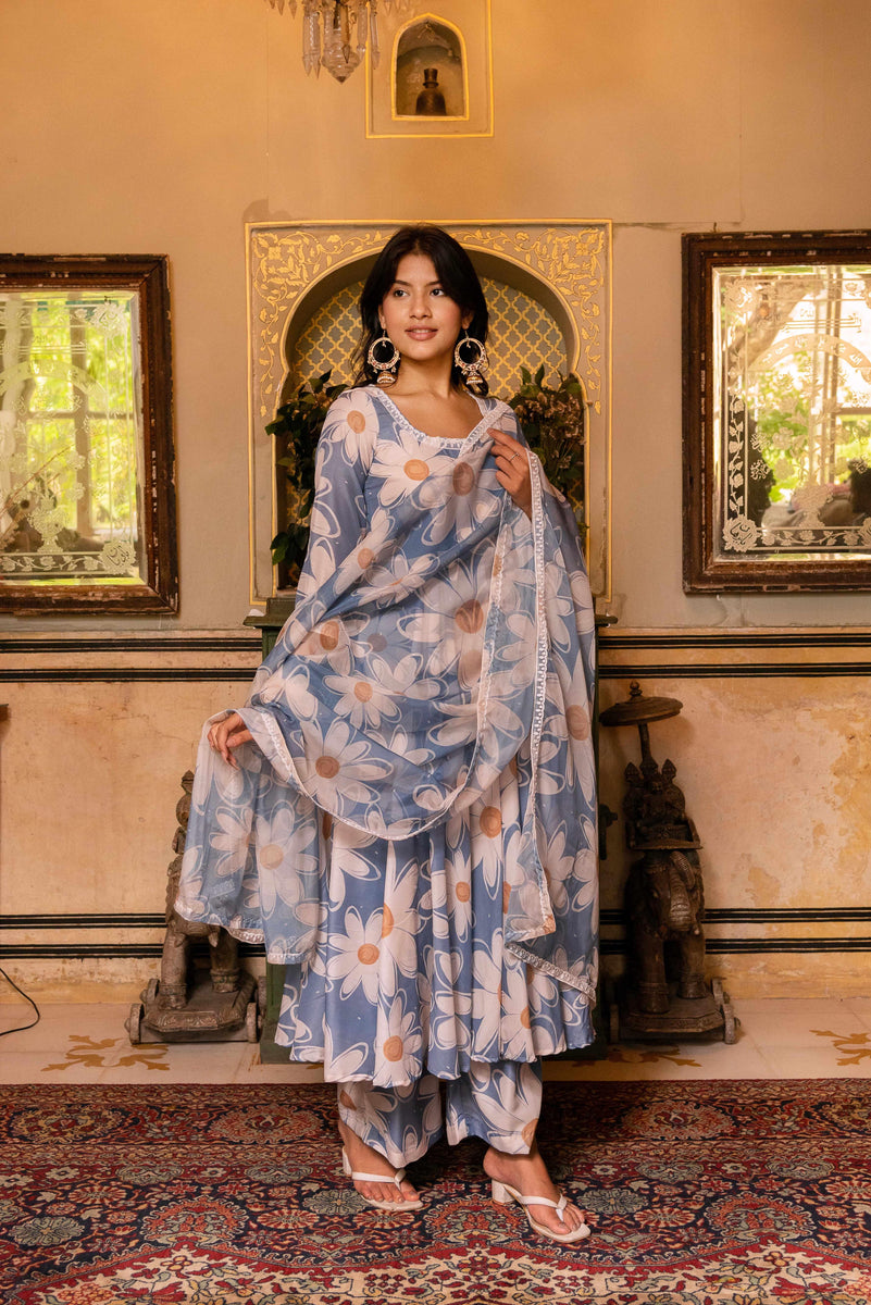 White Phool Powder Blue Anarkali Set – Glamwiz India