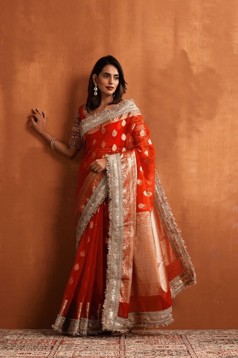 Amber Red | Ready to Wear Bridal Red Tissue Saree – Glamwiz India