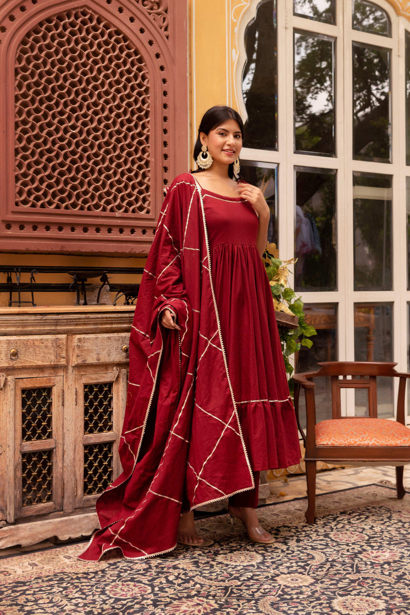 Ruby Red Gota Patti Pure Cotton Handdyed Anarkali Set – Glamwiz India
