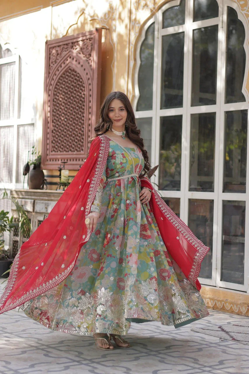 Gulbaag | Leafy Green Floral Printed Anarkali Suit – Glamwiz India
