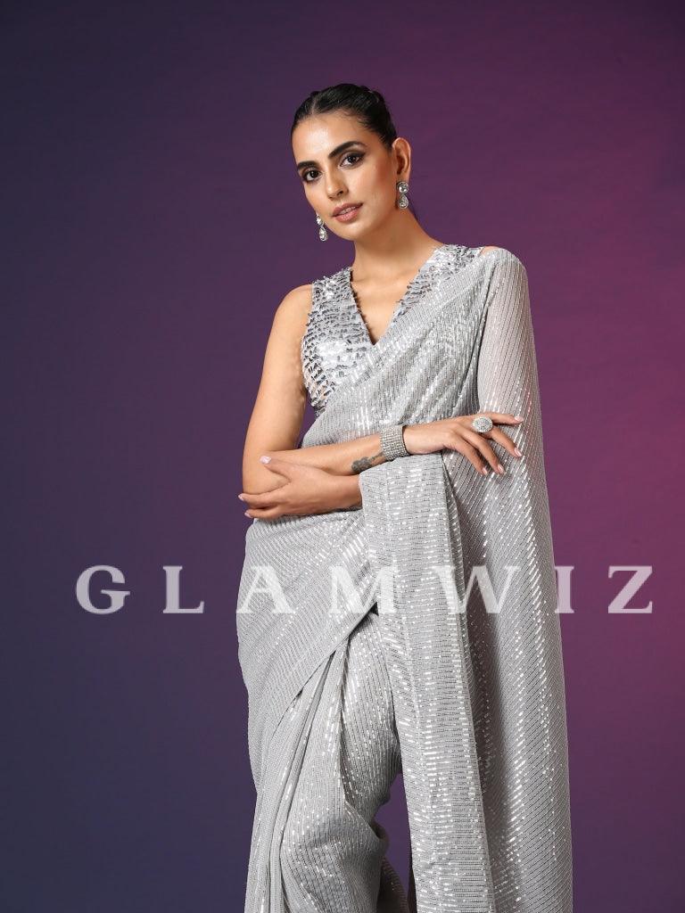 Silver Sparkle | Ready-to-Wear Sequins Saree – Glamwiz India